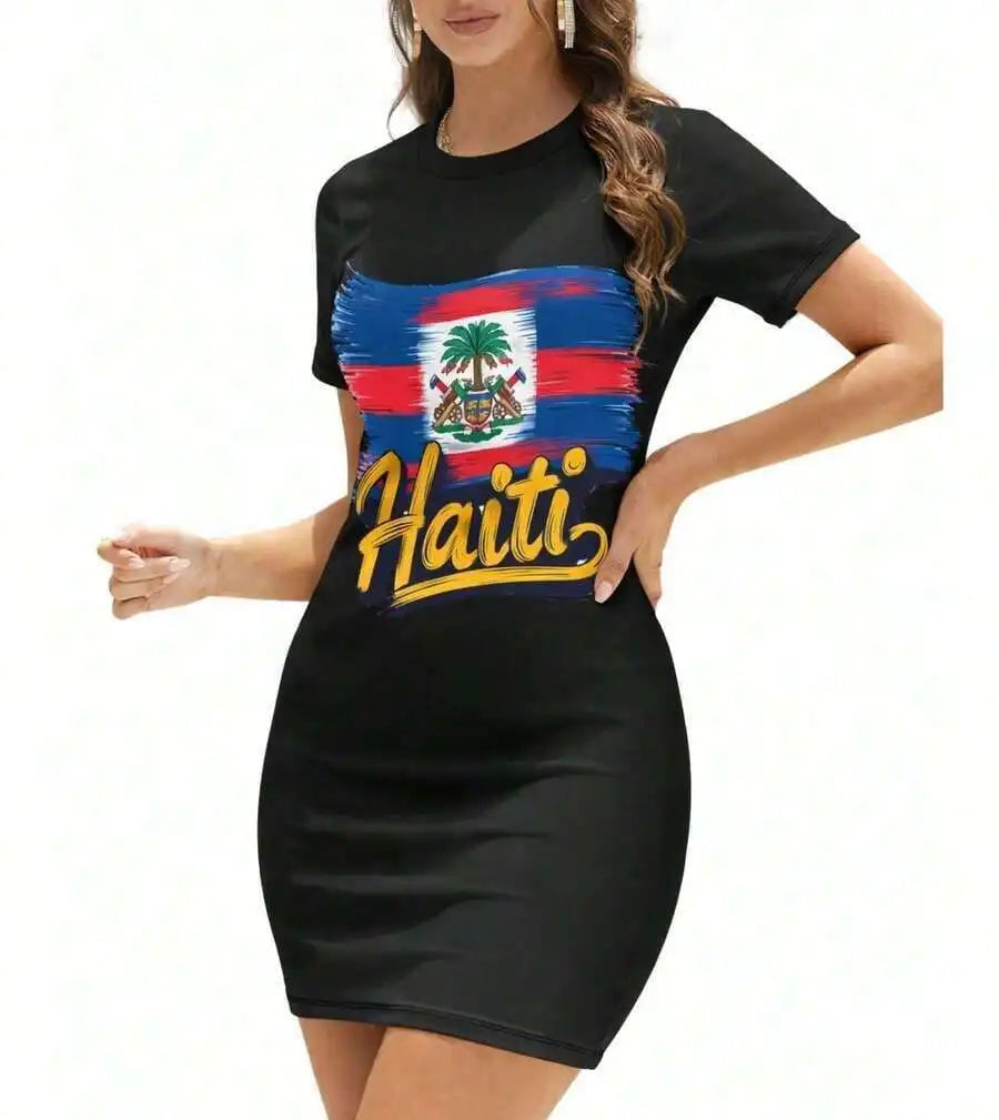 Haitian Flag Print Bodycon Short Sleeve Dress – Peak Lashes™